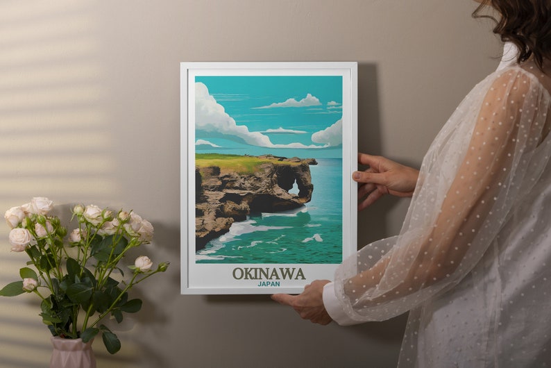 Okinawa Island Travel Poster Cape Manzamo Prints and Okinawa Home Decor ...