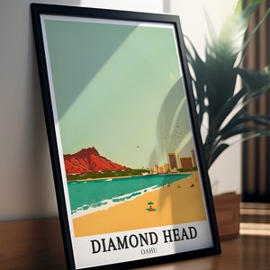 Diamond Head Travel Poster - Waikiki Beach and Honolulu Skyline Art ...