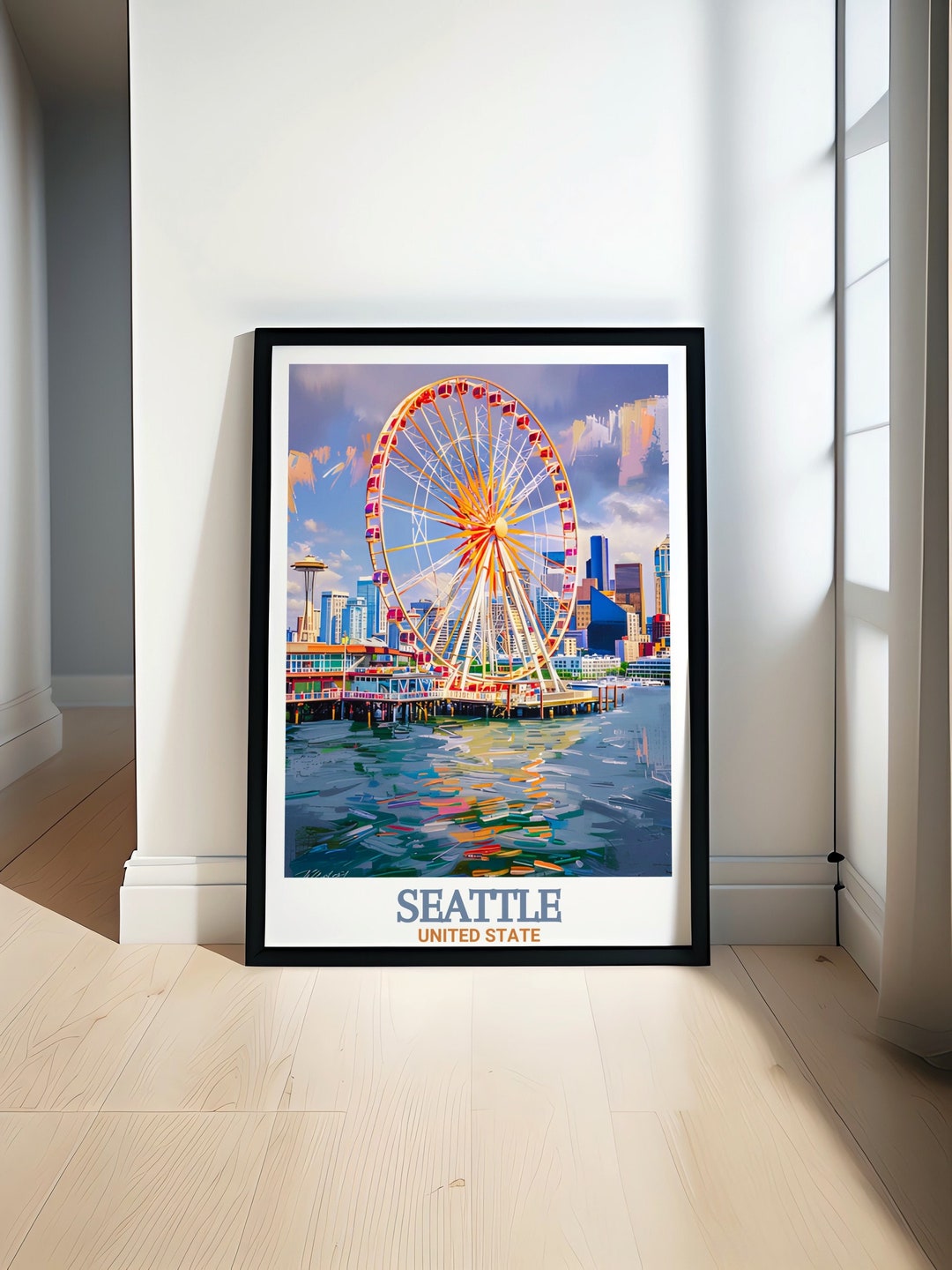 Seattle Travel Poster - Seattle Great Wheel Art Prints - Seattle Gifts ...