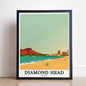 Diamond Head Travel Poster - Waikiki Beach and Honolulu Skyline Art ...