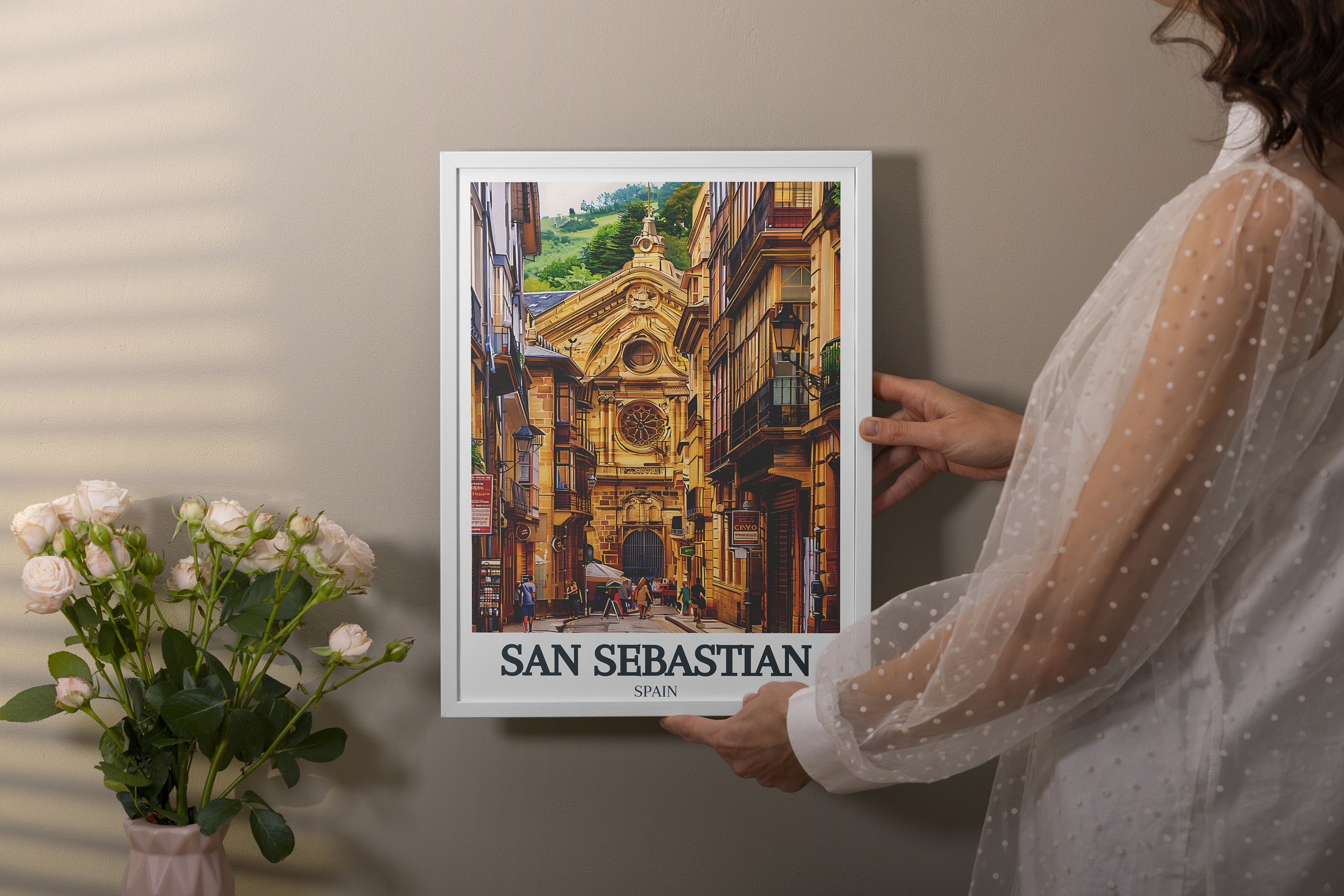 San Sebastian Travel Print - Old Town Santa Maria Church Art - San ...