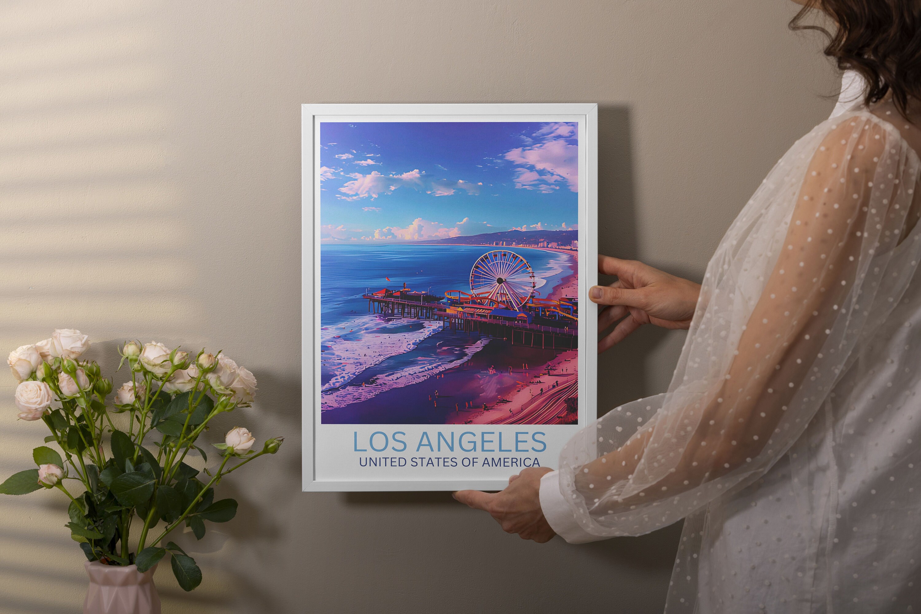 Los Angeles Travel Map Poster Santa Monica Pier Art Print capture the ...