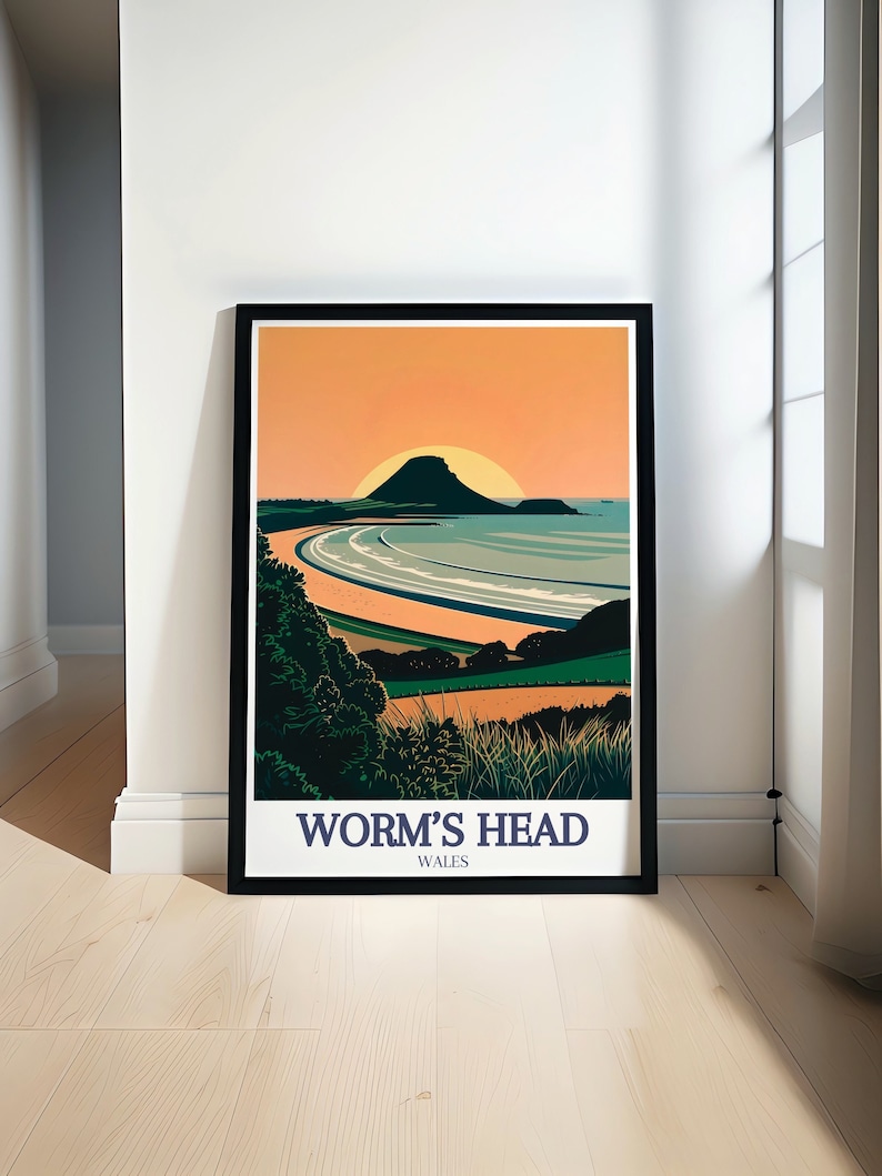 Worms Head Travel Poster Gower Peninsula Rhossili Bay Print Worms Head Art Gower Peninsula ...