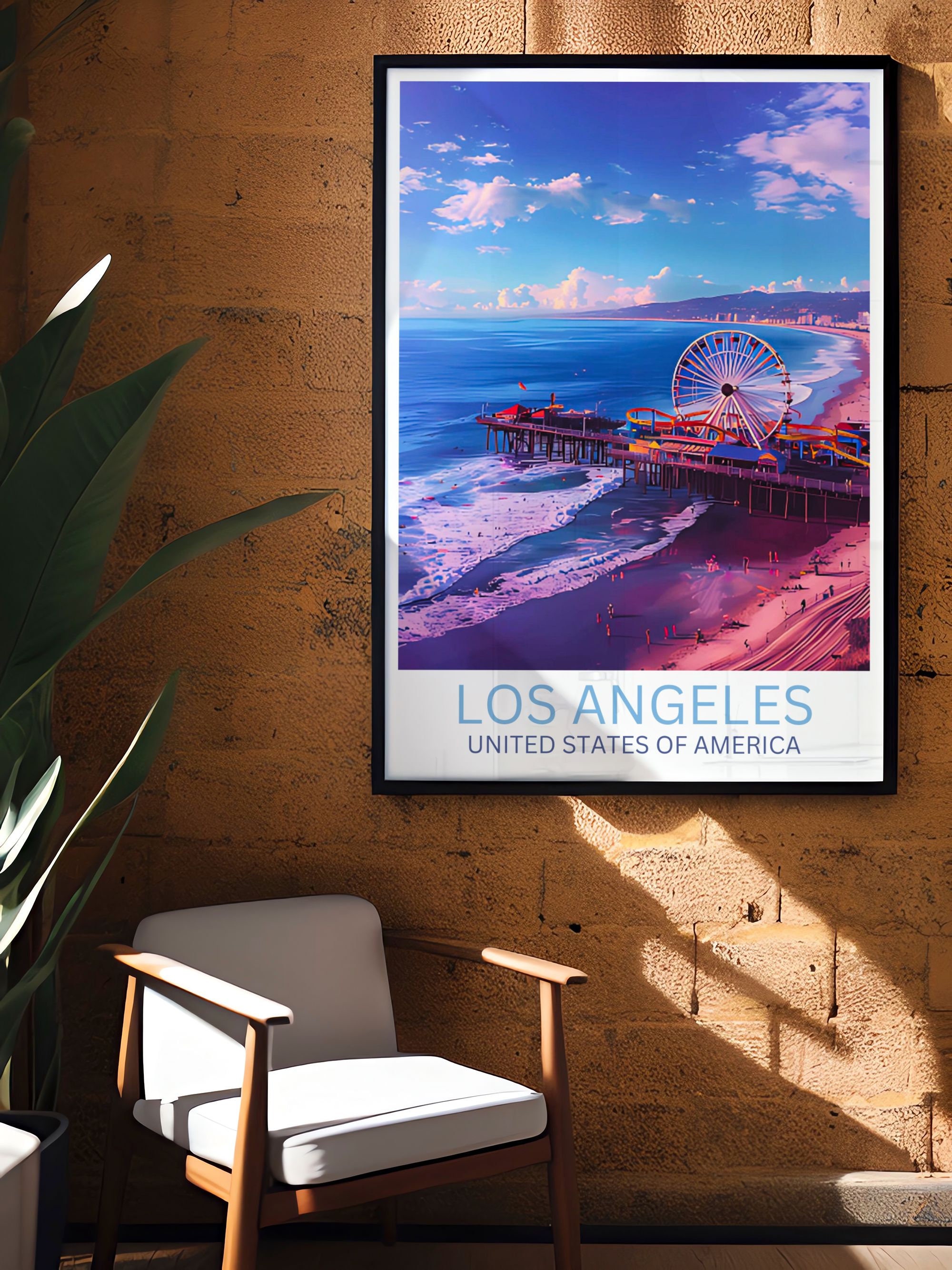 Los Angeles Travel Map Poster Santa Monica Pier Art Print capture the ...