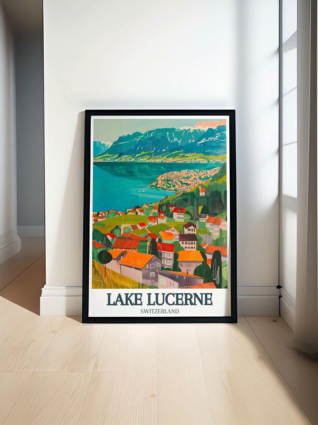 Lake Lucerne Travel Poster - Lucerne Old Town and Swiss Alps Art - Lake ...