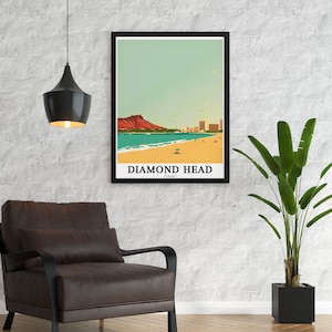 Diamond Head Travel Poster - Waikiki Beach and Honolulu Skyline Art ...