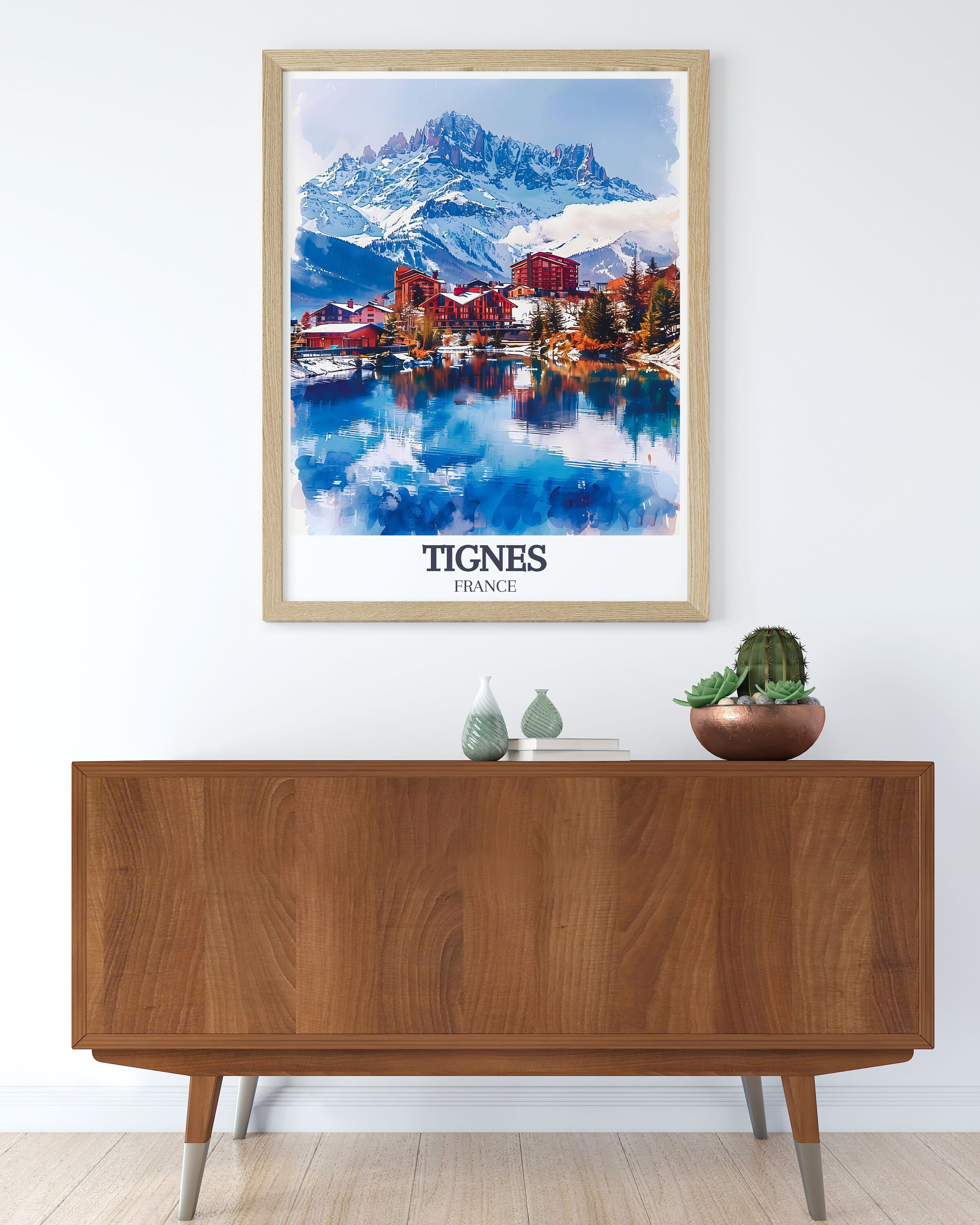 Tignes Travel Art Tignes Ski Print Lac De Tignes, Le Lac Village Poster ...