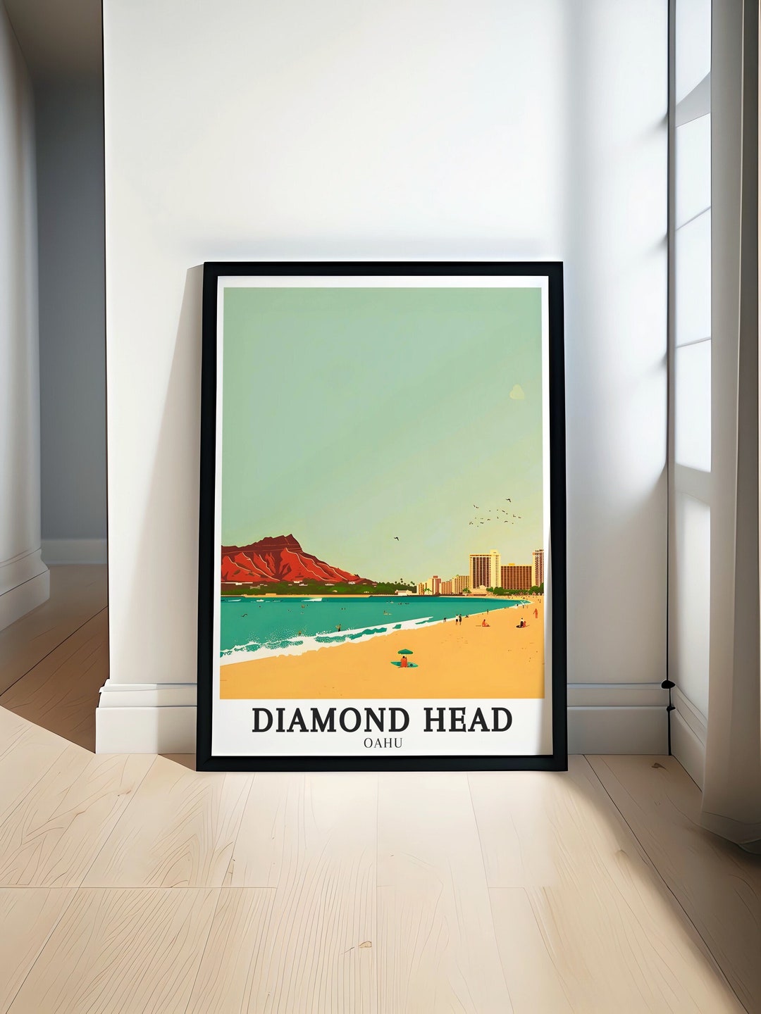 Diamond Head Travel Poster - Waikiki Beach and Honolulu Skyline Art ...