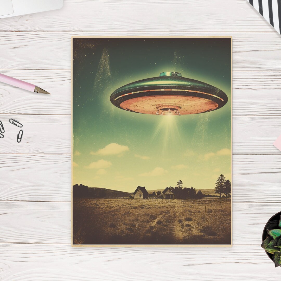 Vintage UFO Poster Digital Alien Wall Art UFO Art Print Hovering Ufo ...