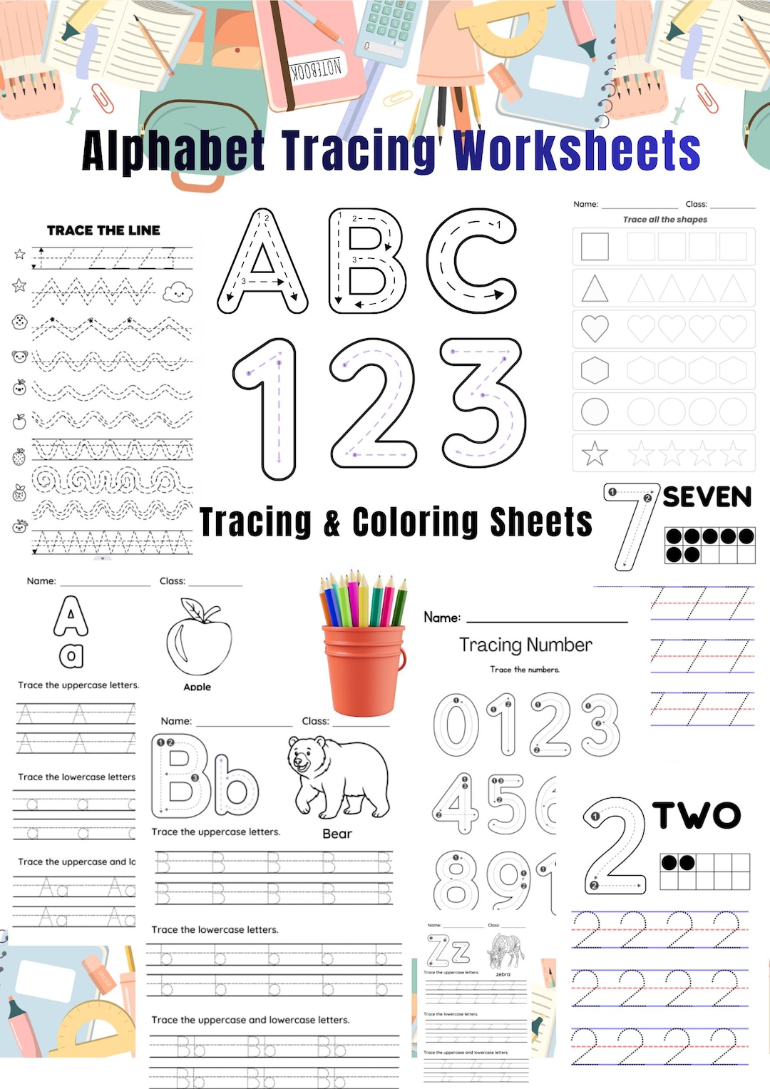 Alphabet Tracing Worksheets A-Z Number Tracing Pages ABC Handwriting ...