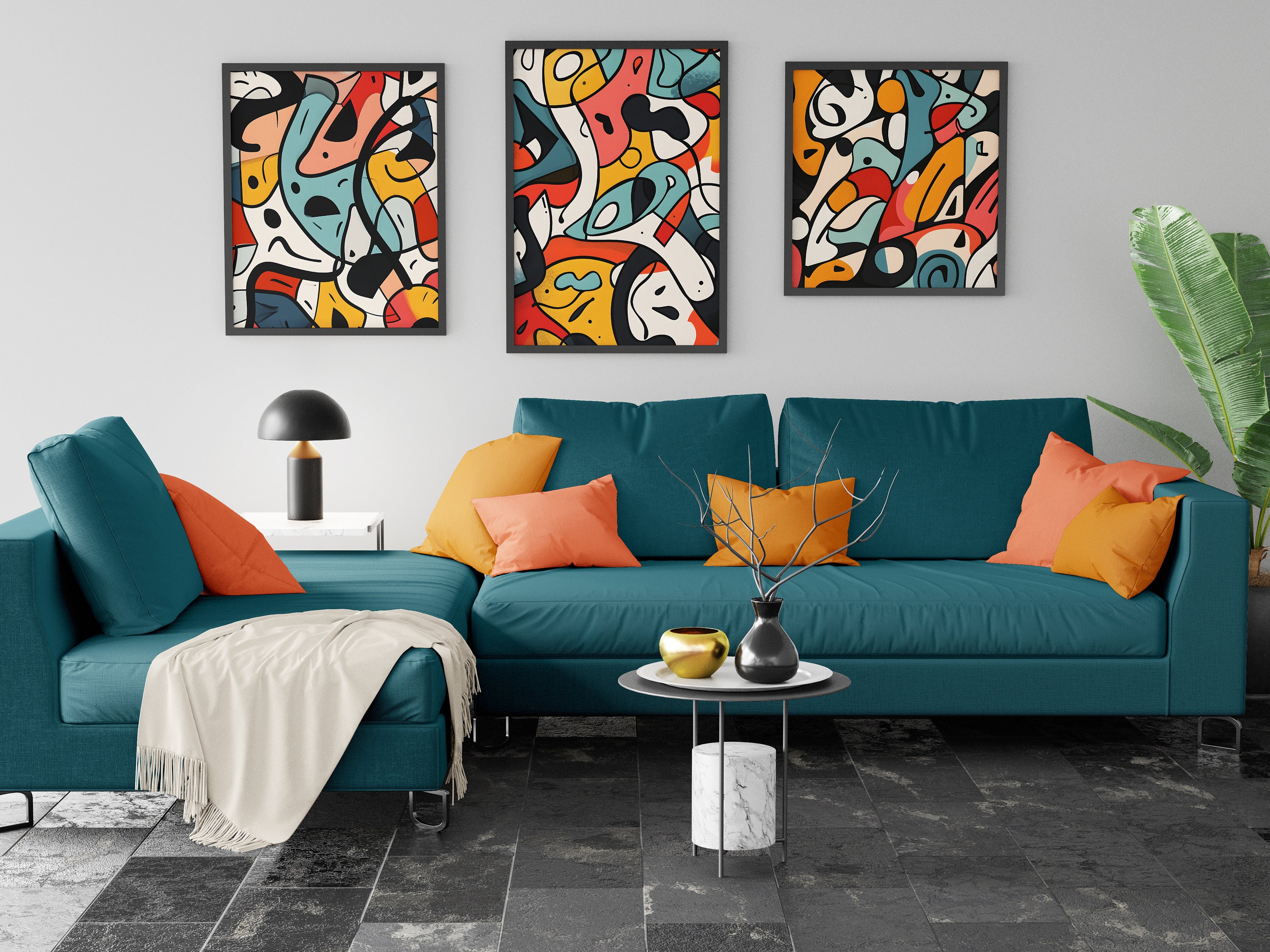 Set of 3 Abstract Wall Arts, Modern Contemporary Design, Colorful ...