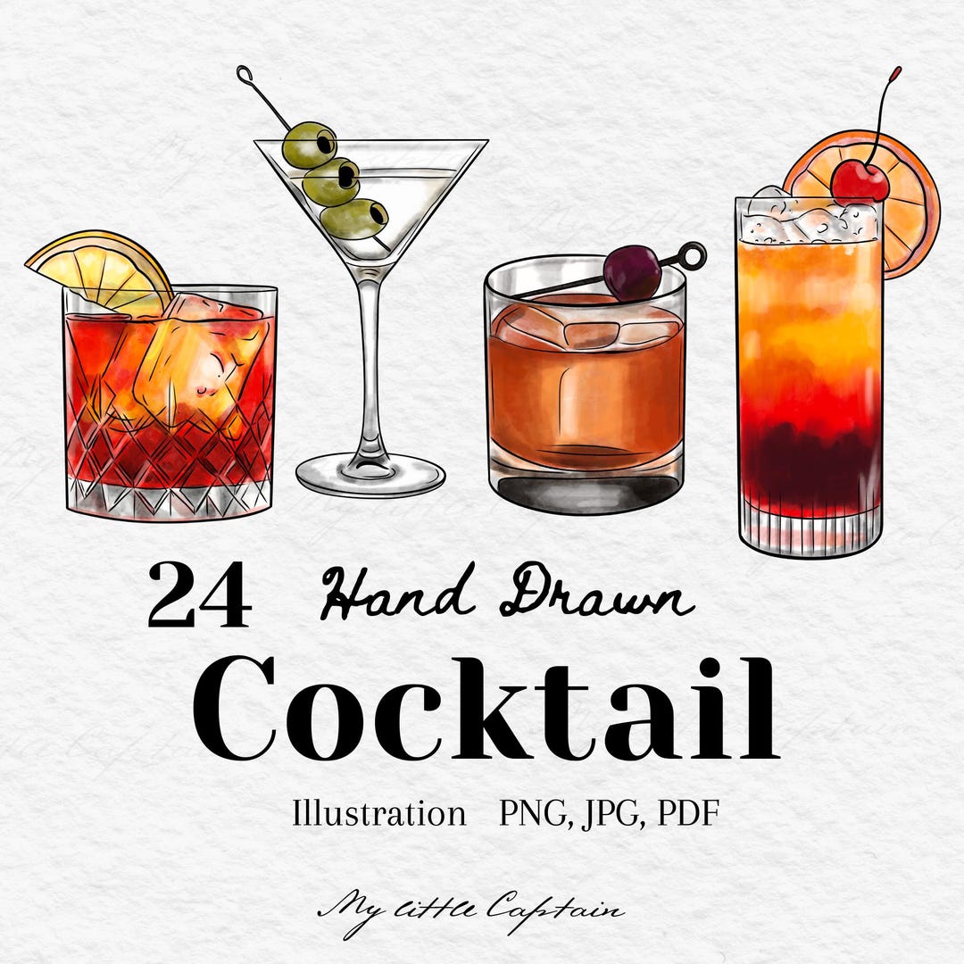 Hand-drawn Cocktail Clipart Set| Bar Drink Graphics (PNG, JPG, PDF ...