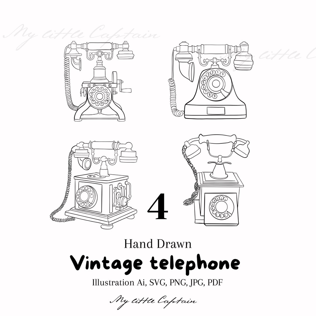 Hand Drawn Vintage Telephone Clipart Set, Retro Phone Line Art Svg Png ...