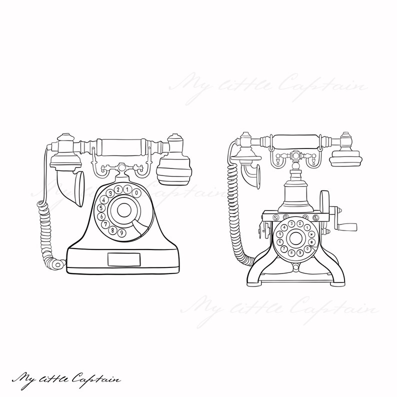 Hand Drawn Vintage Telephone Clipart Set, Retro Phone Line Art Svg Png ...