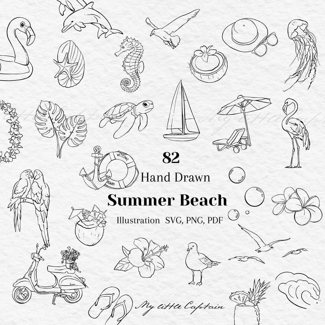 Hand-drawn Summer Beach Clipart: Tropical Vacation Illustrations (SVG ...