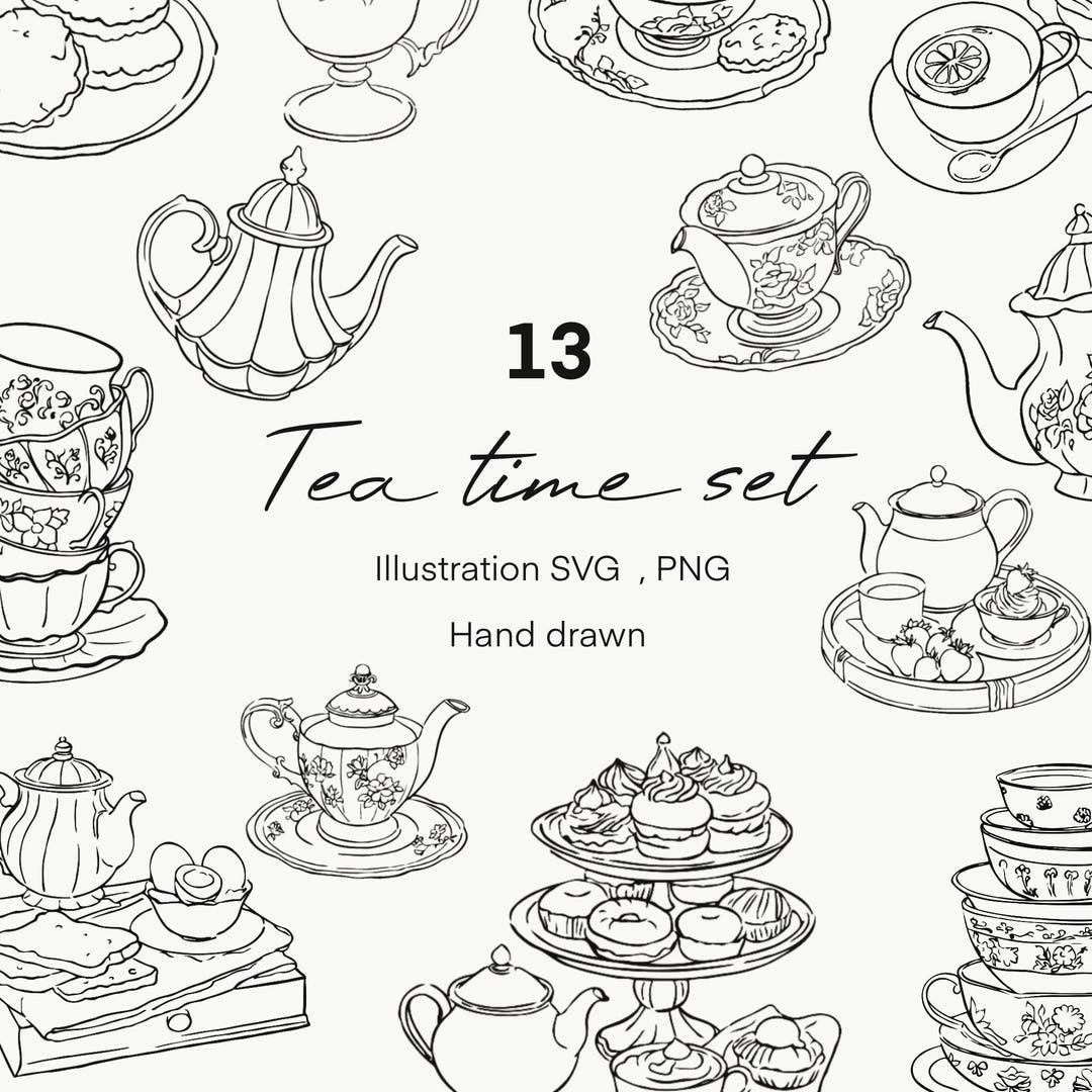 Vintage Tea Party Clipart Bundle – Hand Drawn Illustration Teapots ...