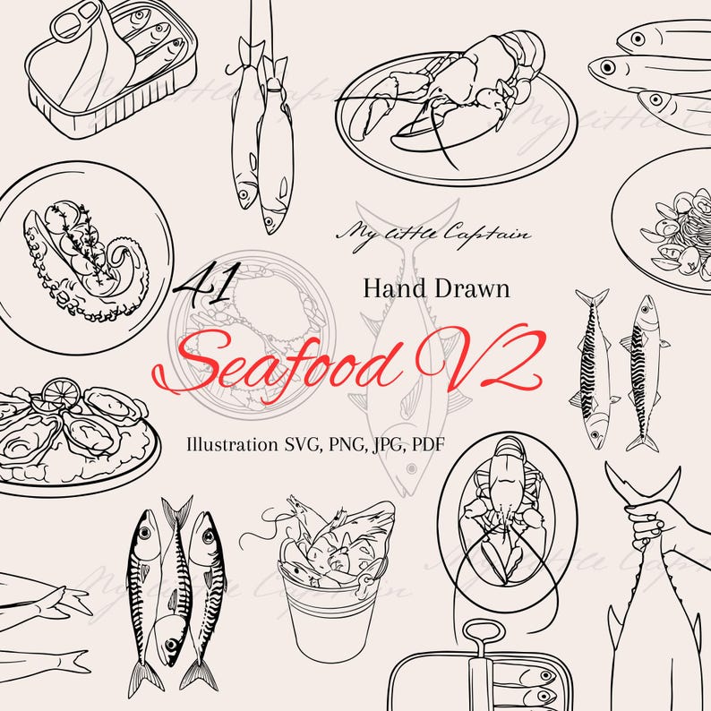 Hand Drawn Seafood Clipart Set – Vector Ink Illustration (svg, Png, Jpg ...