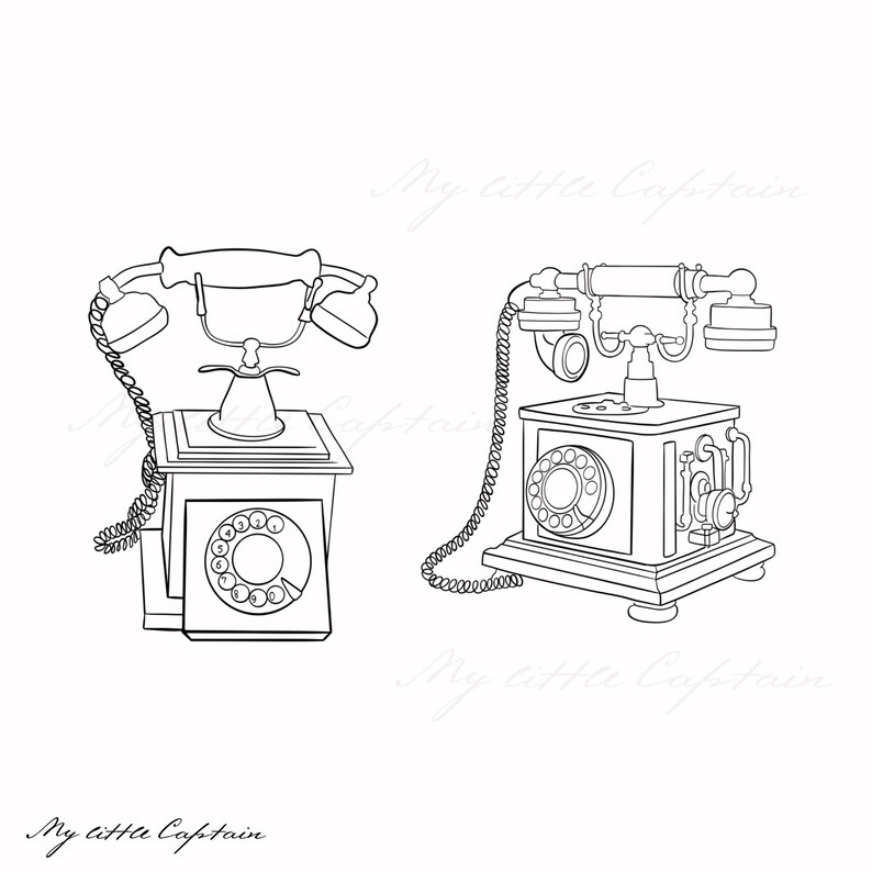 Hand Drawn Vintage Telephone Clipart Set, Retro Phone Line Art Svg Png ...