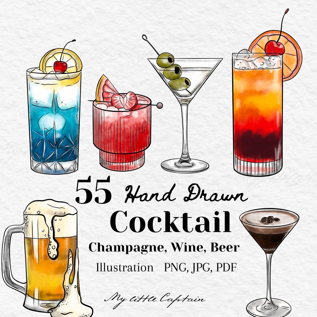 Hand-drawn Cocktail Drinks Clipart Set| Champagne Wine and Beer (PNG ...