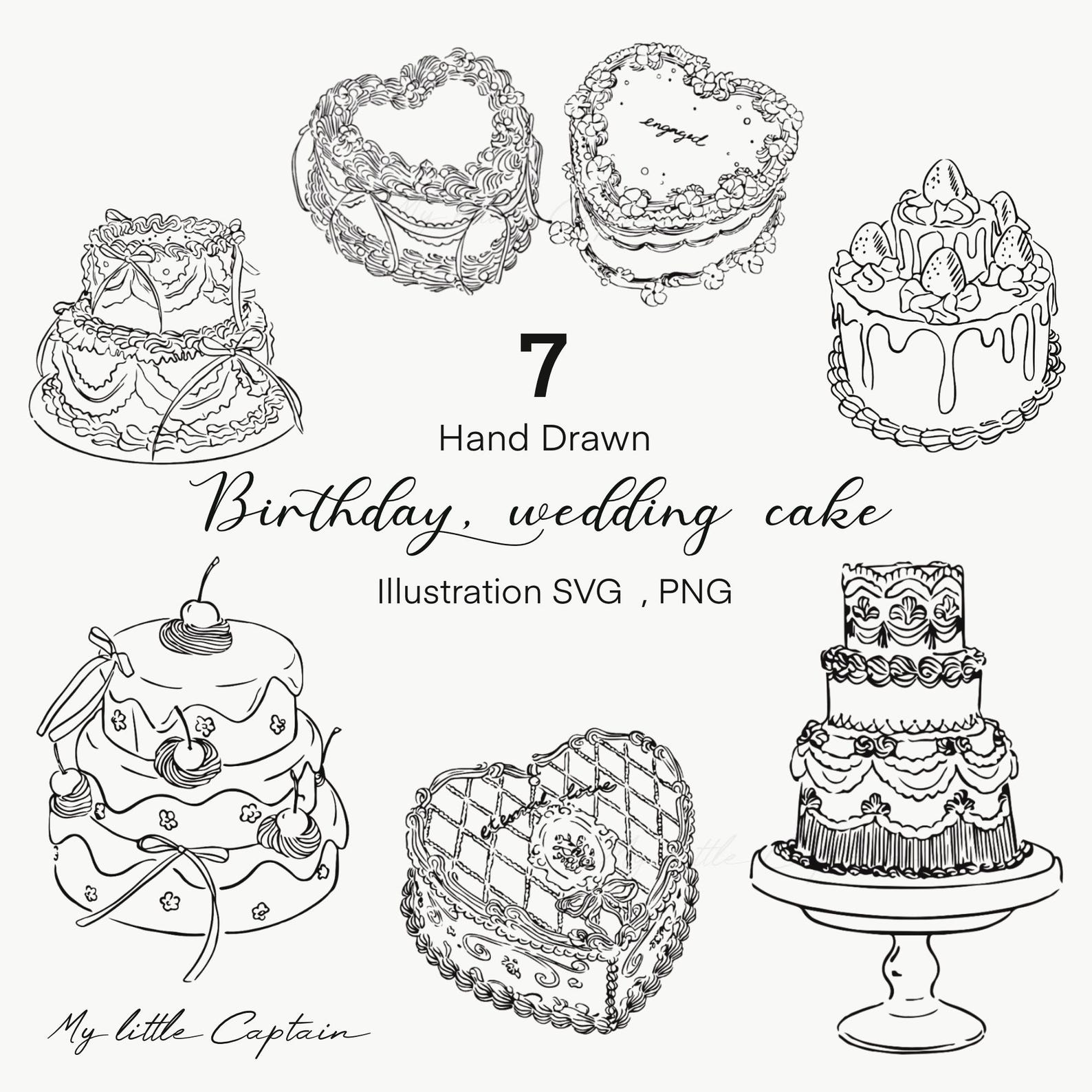 Hand Drawn Cake Clipart – Wedding & Birthday Cakes | Line Art SVG PNG ...