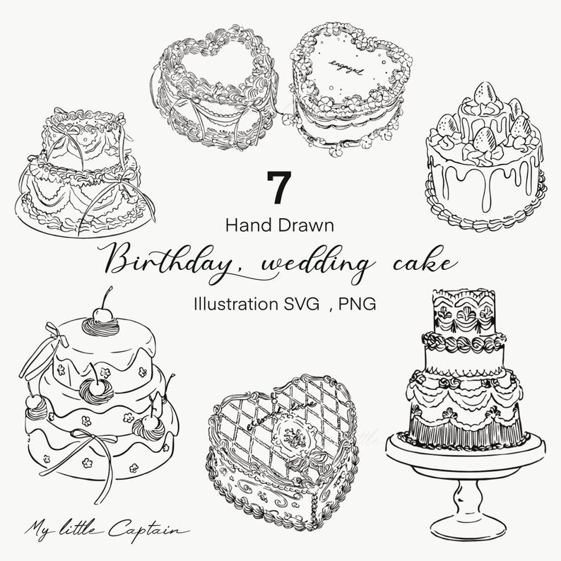 Hand Drawn Cake Clipart – Wedding & Birthday Cakes | Line Art SVG PNG ...