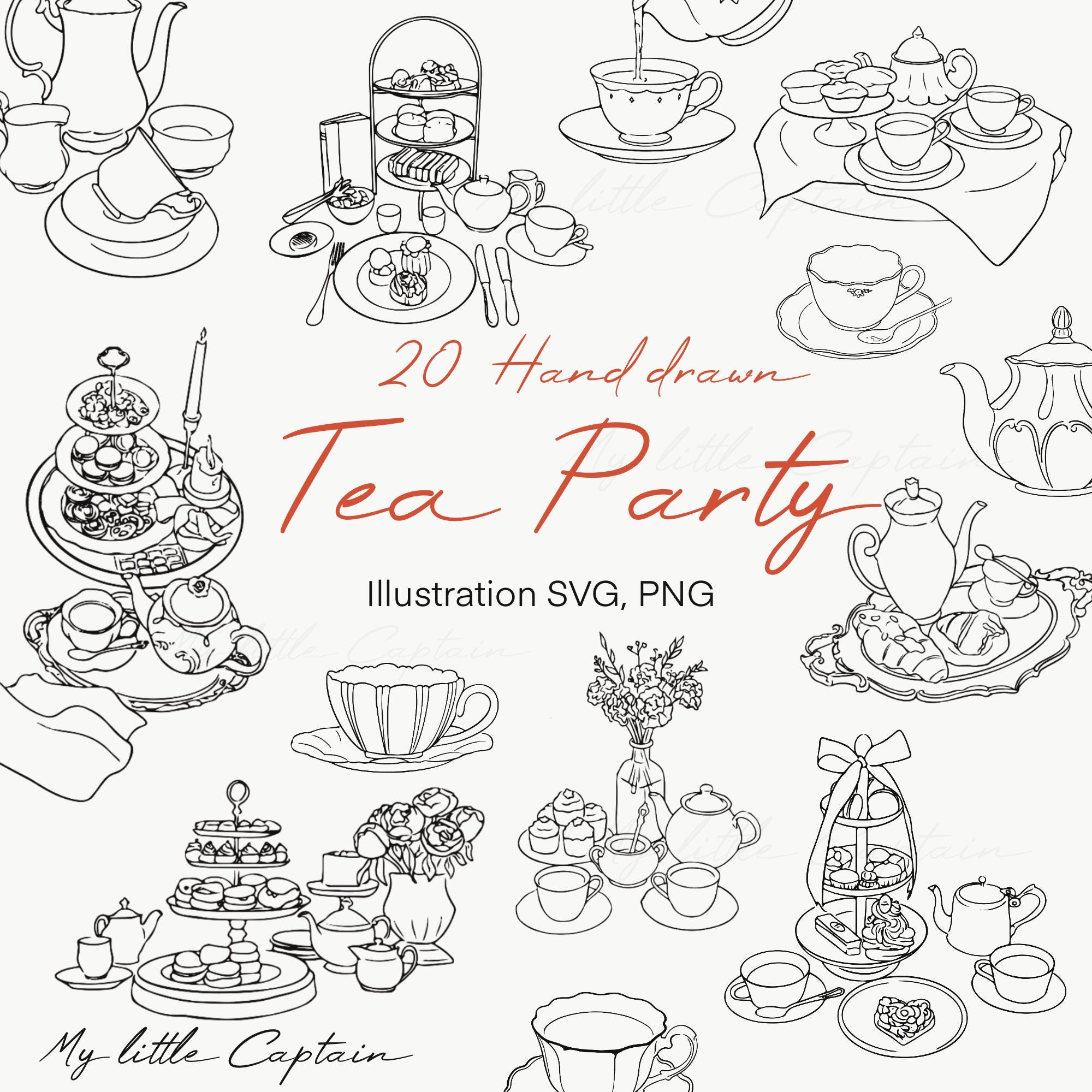 Hand Drawn Tea Party Clipart | Vintage Teacup & Teapot Vector (PNG, SVG ...