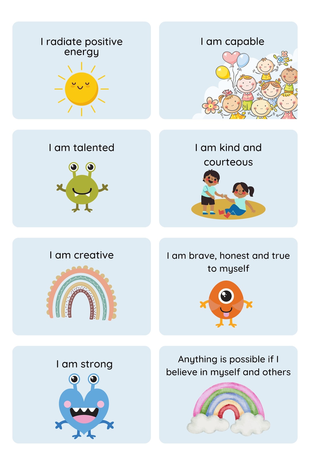 12 Printable Positive Affirmation Cards for Kids, Motivational Cards ...