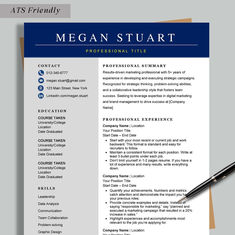 ATS Friendly Resume Template Word Docs Pages Canva Template ATS Resume ...