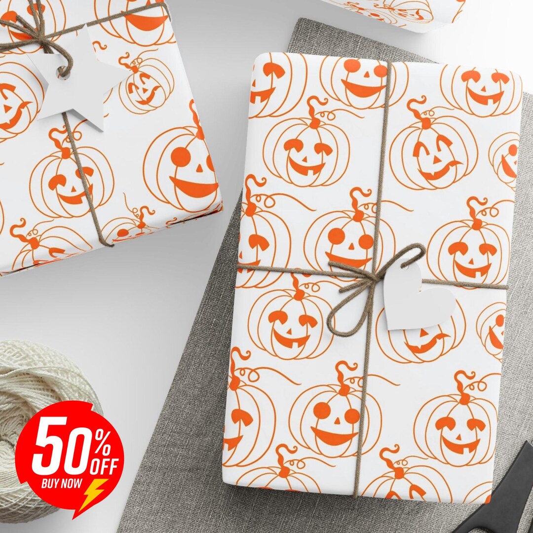 Halloween Gift Wrapping Paper, Spooky Season Orange Pumpkin, Cute ...
