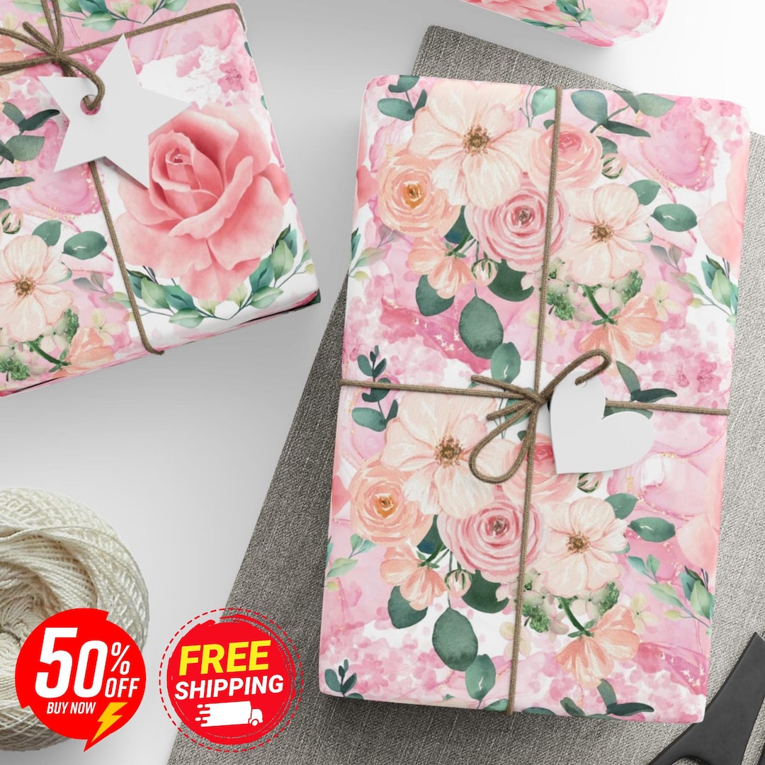 Floral Wrapping Paper, Pink Flower Print, Wedding Gift for Bride, Pink ...