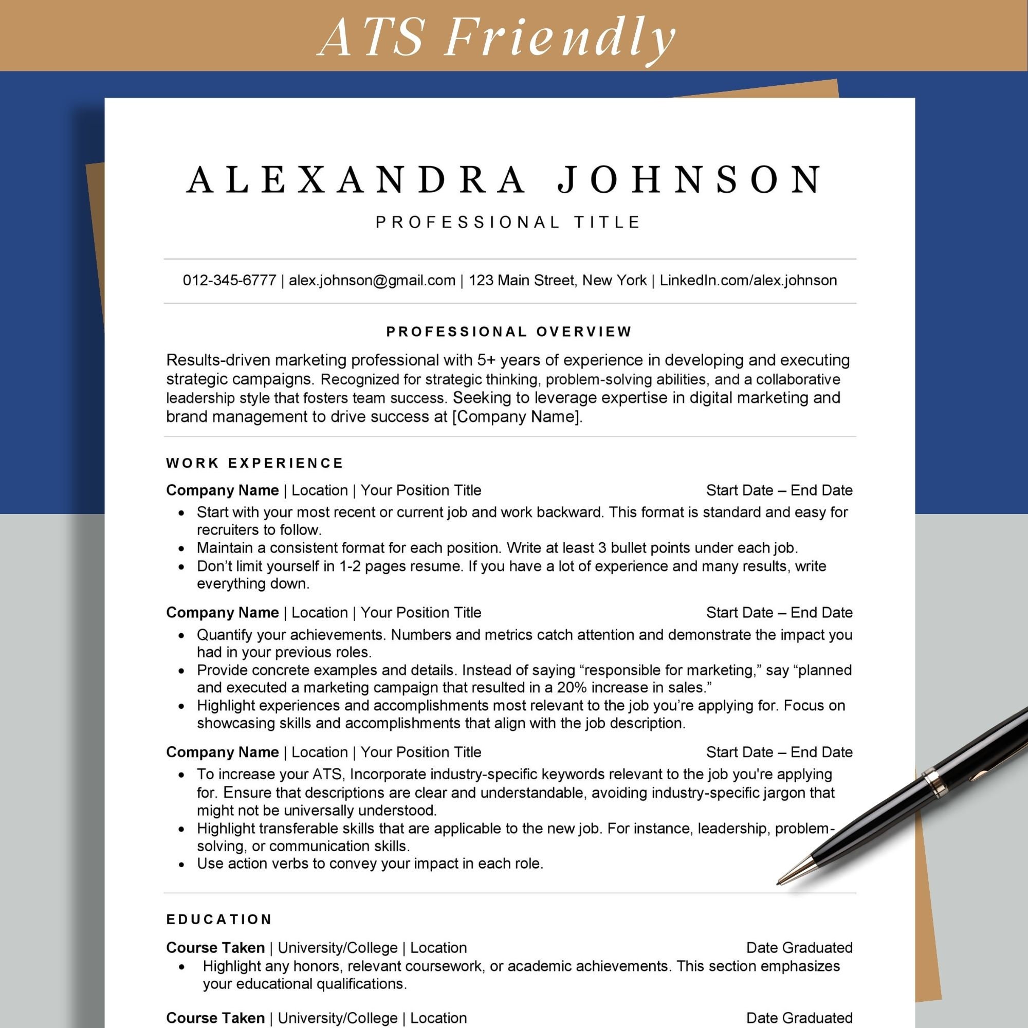 ATS Friendly Resume Template for Canva, Word, Google Docs, Pages ...
