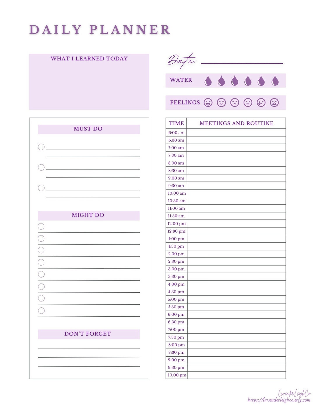 Lavender Undated Daily Planner, Printable PDF With Daily Schedule and ...