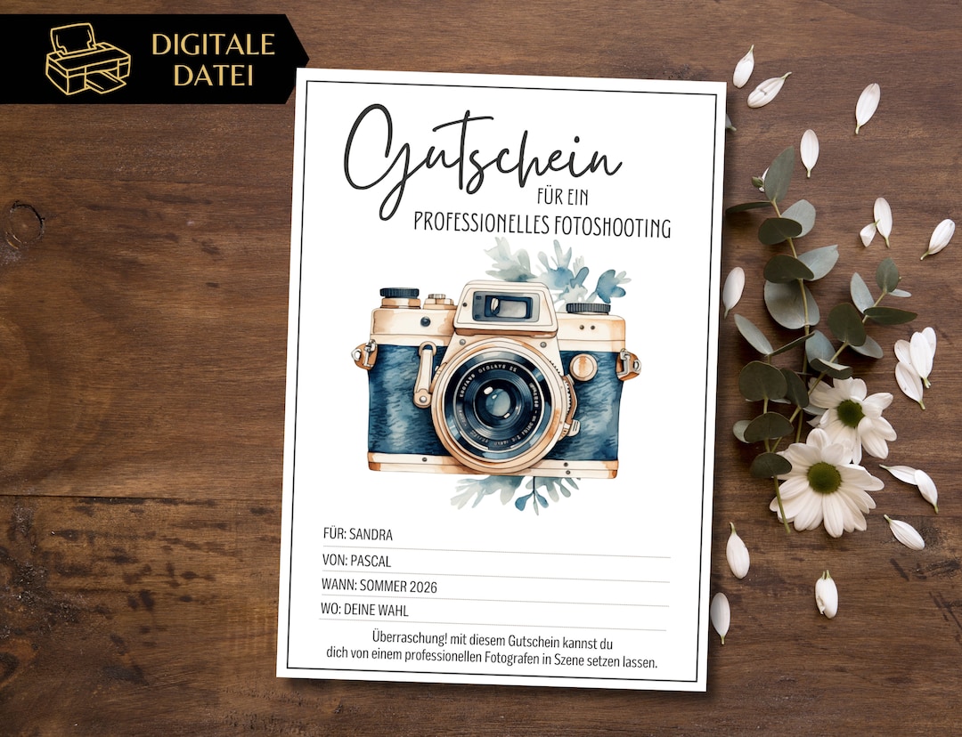 Gutschein Fotoshooting Vorlage zum Ausdrucken | Geschenkidee unvergessliche Erinnerung ...