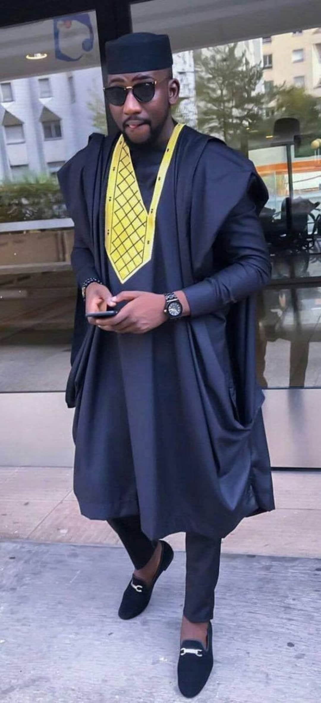 Blue-black & Yellow Agbada Babariga 3pcs Men Groom Suit African ...