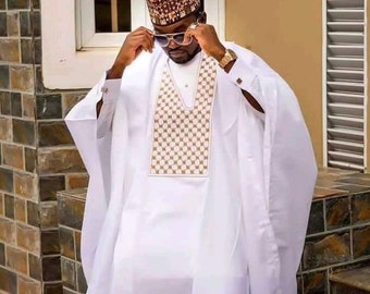 Gray and Blue Agbada Babariga 3 Pieces Men Groom Suit African Clothing ...