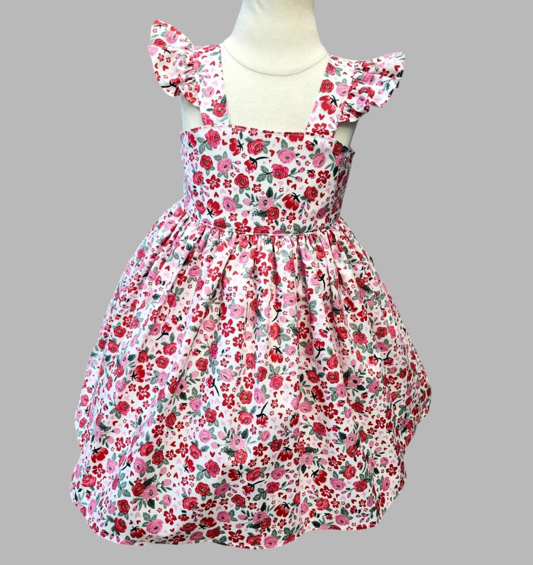 Floral Girls Dress, Pink Roses Girl Dress, Ruffle Sleeve Dress, Flower ...
