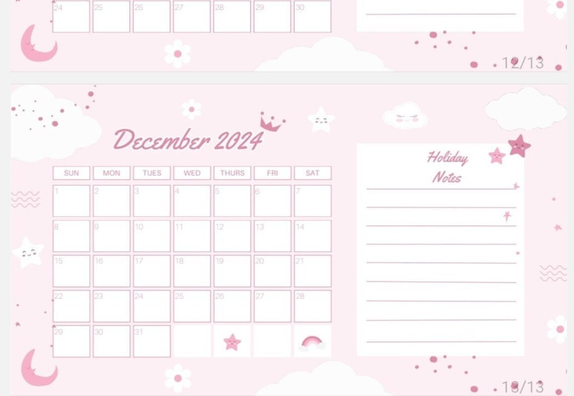 Feminine Digital Calendar 2024 Full Till December 12 Pages New Warm and ...