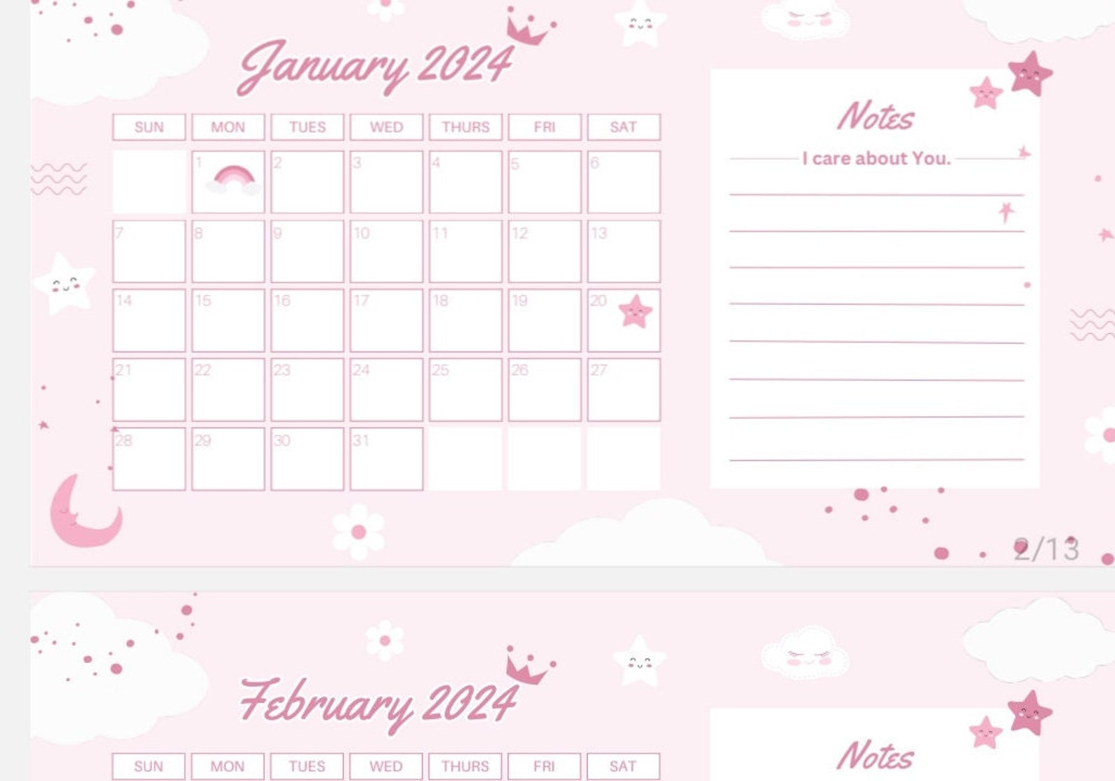 Feminine Digital Calendar 2024 Full Till December 12 Pages New Warm and ...