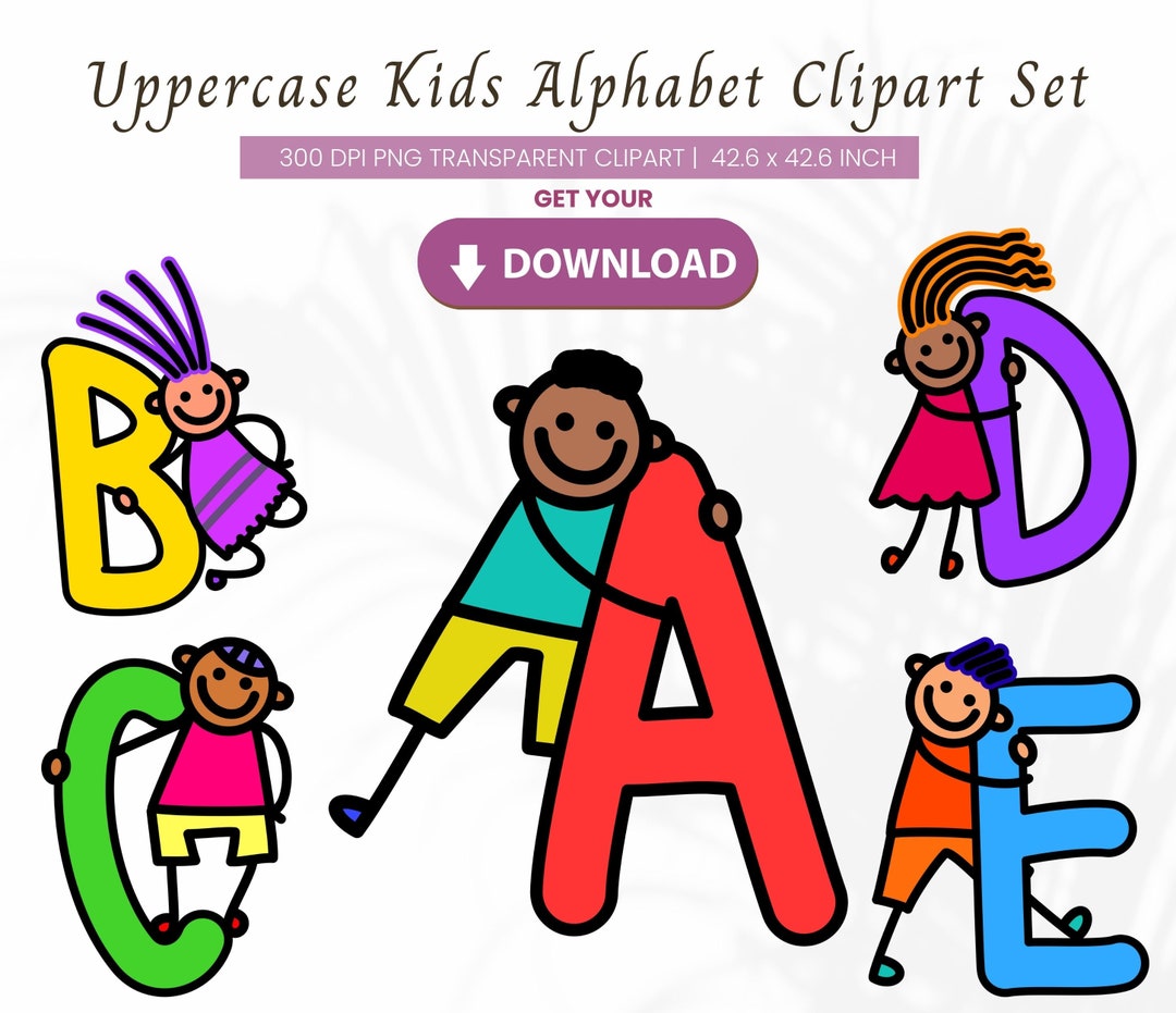 Uppercase Kids Alphabet Clipart Set, Kid Sublimation Clipart Designs ...