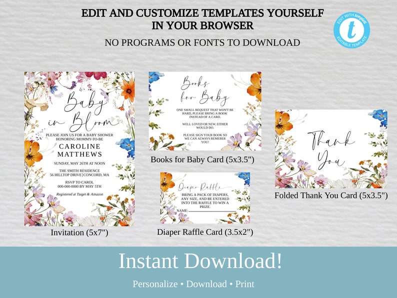 Floral Baby Shower Invitation Suite, Printable Baby Shower Invitation ...