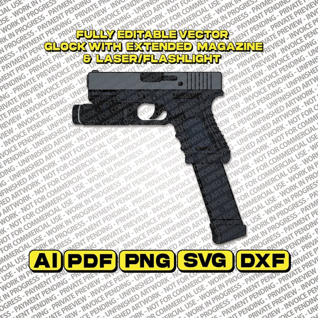 Fully Editable Vector Glock Pistol Clipart With Extended Clip/magazine ...