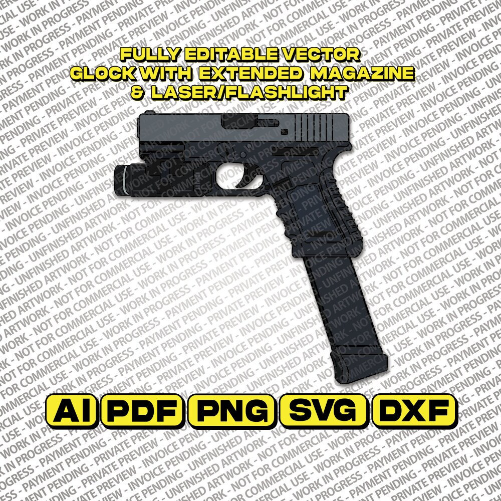 Fully Editable Vector Glock Pistol Clipart With Extended Clip/magazine and Laser Beam/flashlight ...