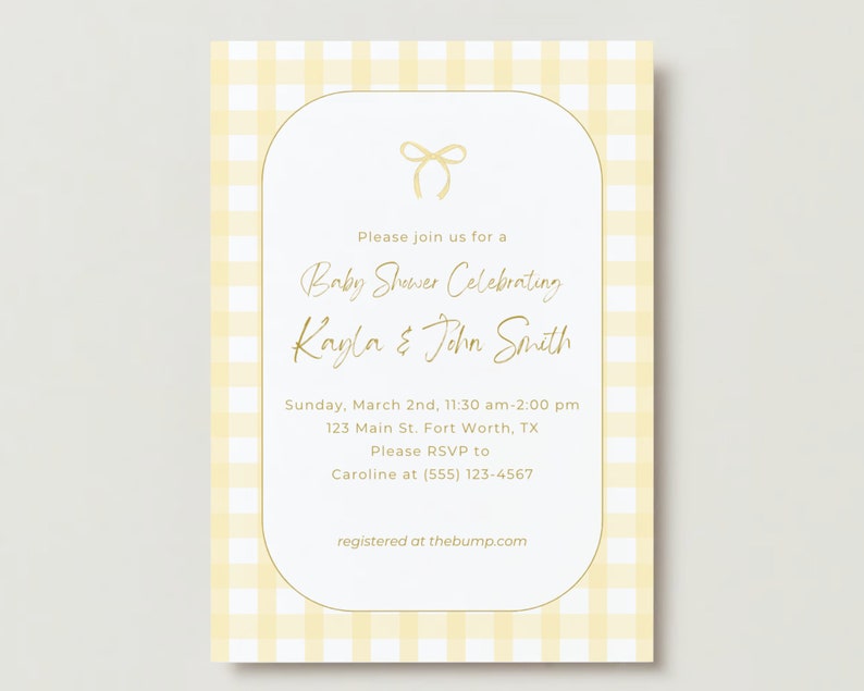 Yellow Baby Shower Invitation Template Yellow Bow Coquette Theme ...