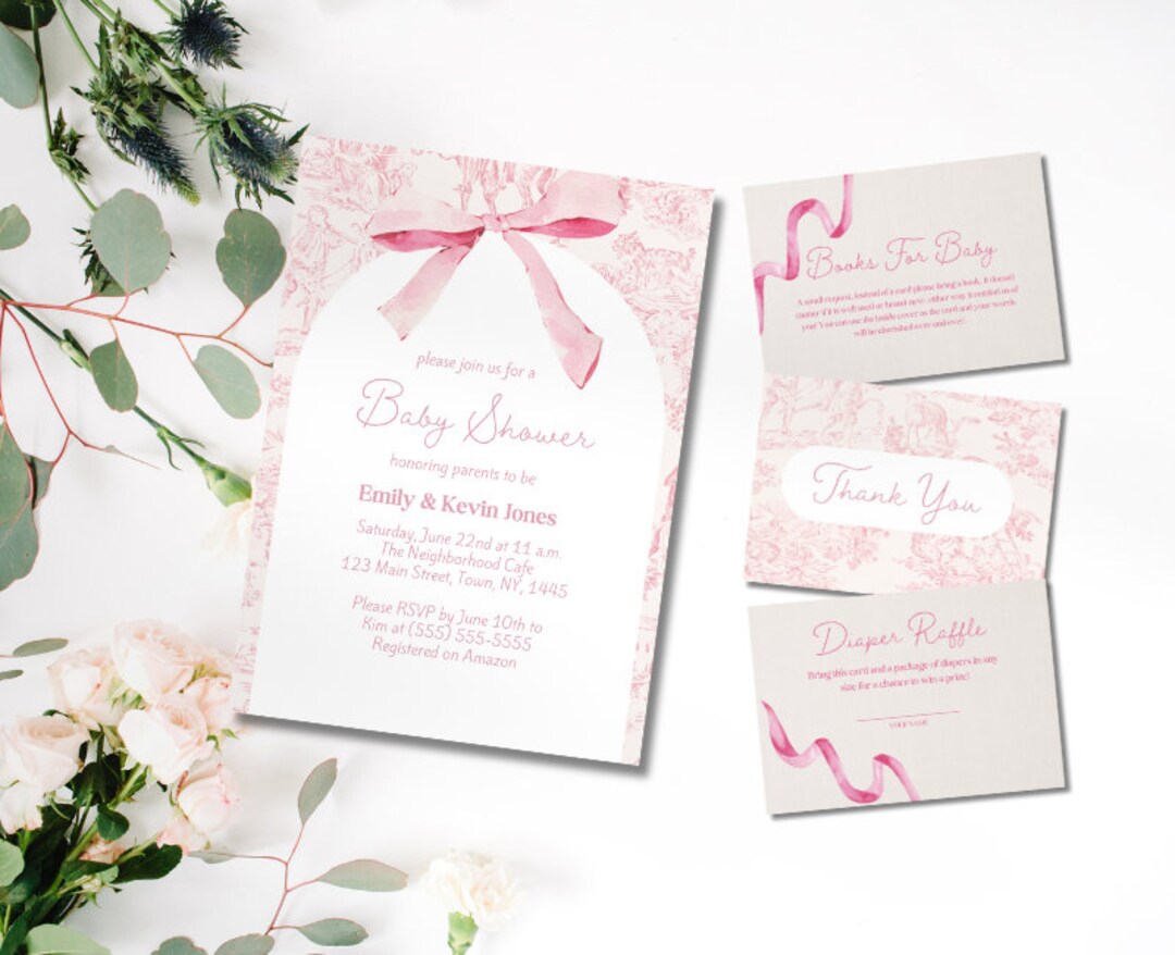 EDITABLE Pink Bow Invitation| Girl’s Baby Shower| Thank You, Diaper ...