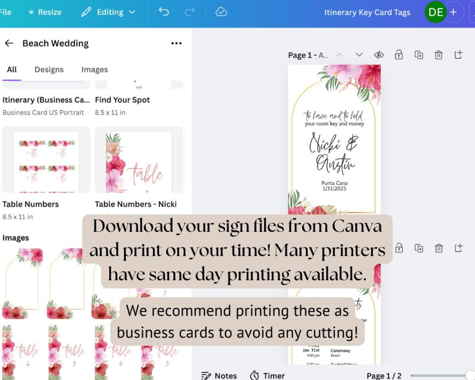 Wedding Room Key Card Tag Template, Itinerary, Agenda, Printable Modern ...