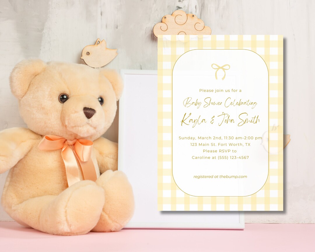 Yellow Baby Shower Invitation Template | Yellow Bow Coquette Theme ...