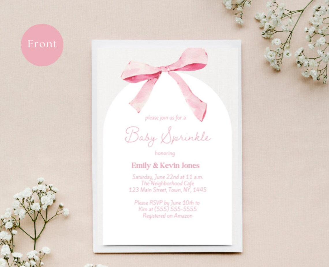 Pink Bow Invitation for Girl Baby Sprinkle, Minimalist Baby Sprinkle ...