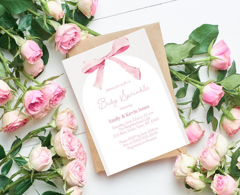 Pink Bow Invitation for Girl Baby Sprinkle, Minimalist Baby Sprinkle ...