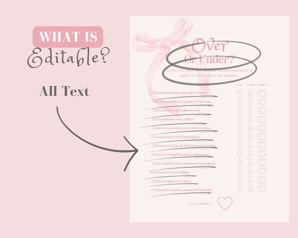 10 Editable Pink Bow Games for Girls Baby Shower, Minimalist Baby ...