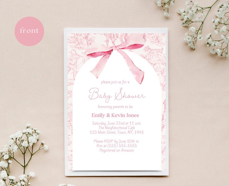 EDITABLE Pink Bow Invitation| Girl’s Baby Shower| Thank You, Diaper ...